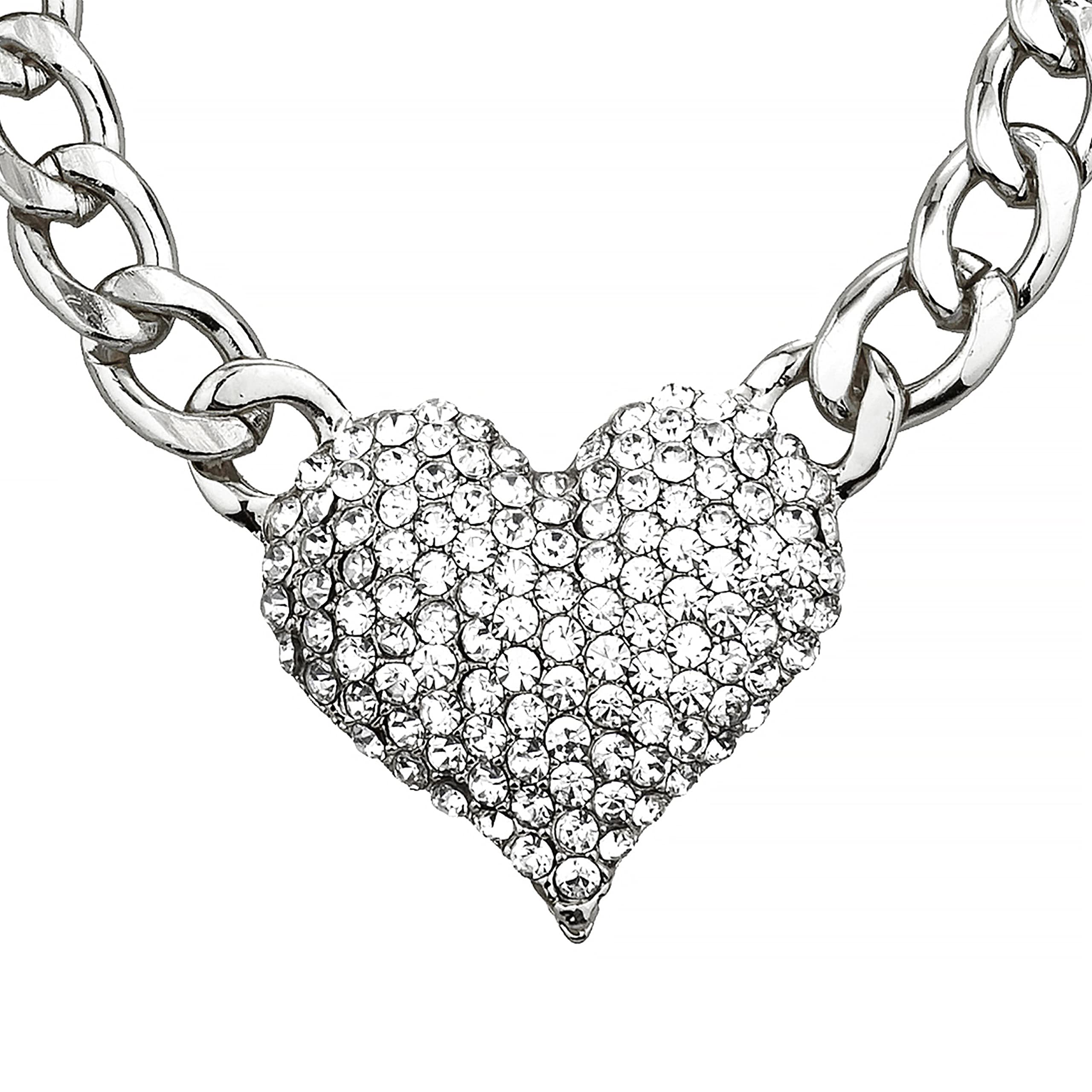 JOTW Silvertone Iced Out 3D Heart Pendant with a 16 Inch Adjustable Link Necklace