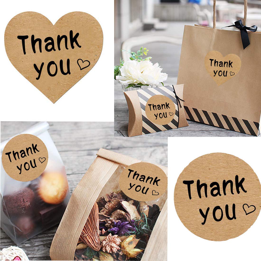 Thank You Stickers Roll 1000pcs Adhesive Labels Kraft Paper with Black Hearts, Decorative Sealing Stickers for Gifts