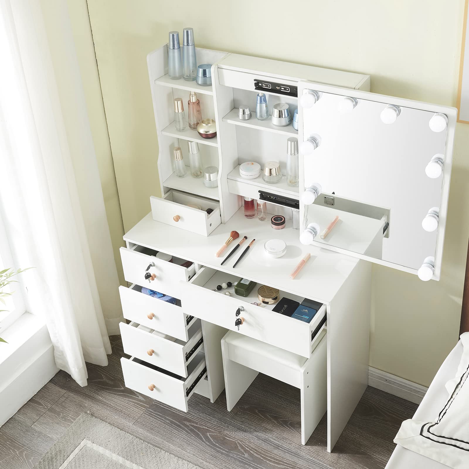 JBLCC Vanity Desk with Lights,Makeup Vanity with Sliding Mirror and 6 Drawers,3 Lighting Modes Adjustable Brightness,Girls Vanity Set,Makeup Vanity Table for Bedroom (Modern 05)