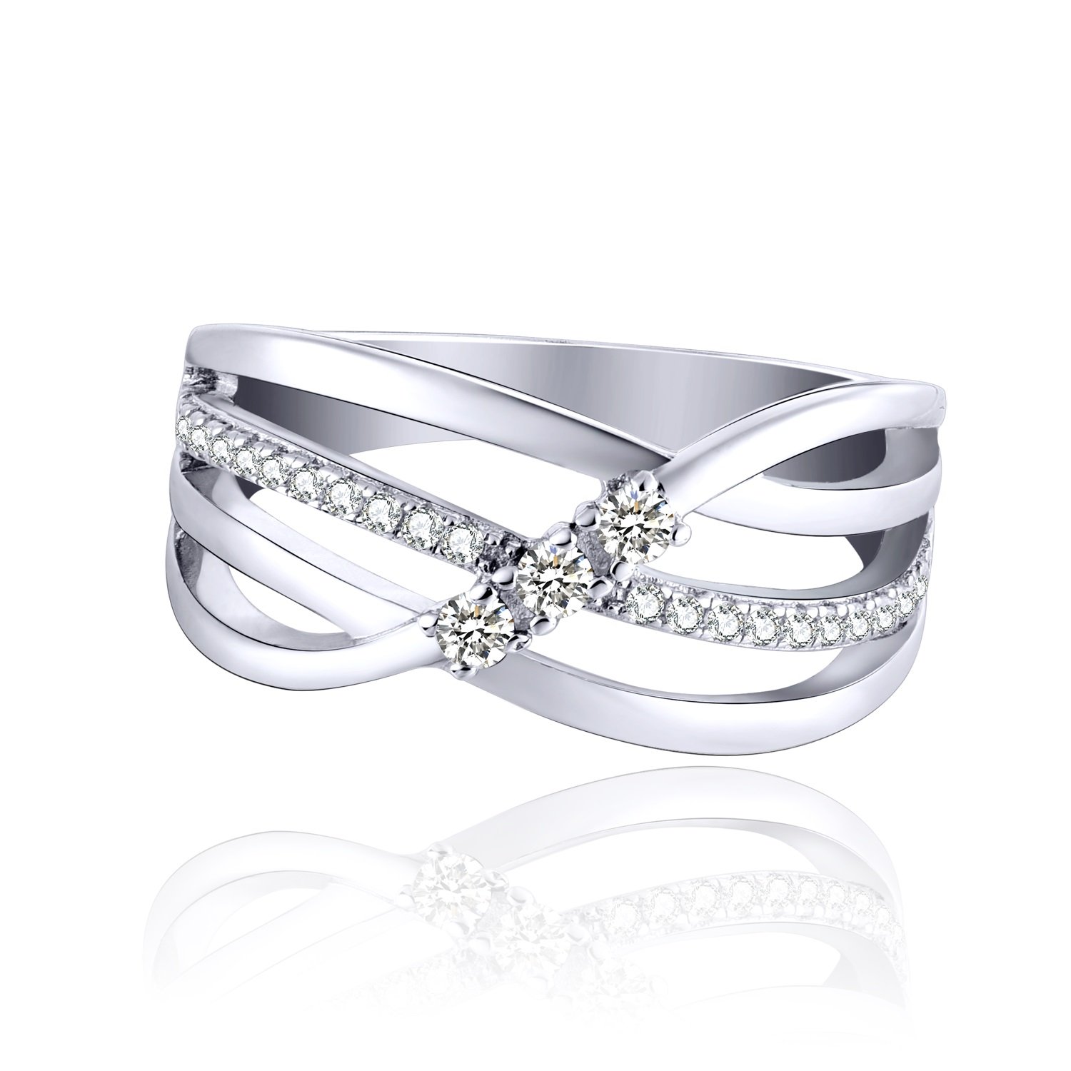 JO WISDOM 925 Sterling Silver Intercrossed Engagement Ring with AAA Cubic Zirconia Size 7