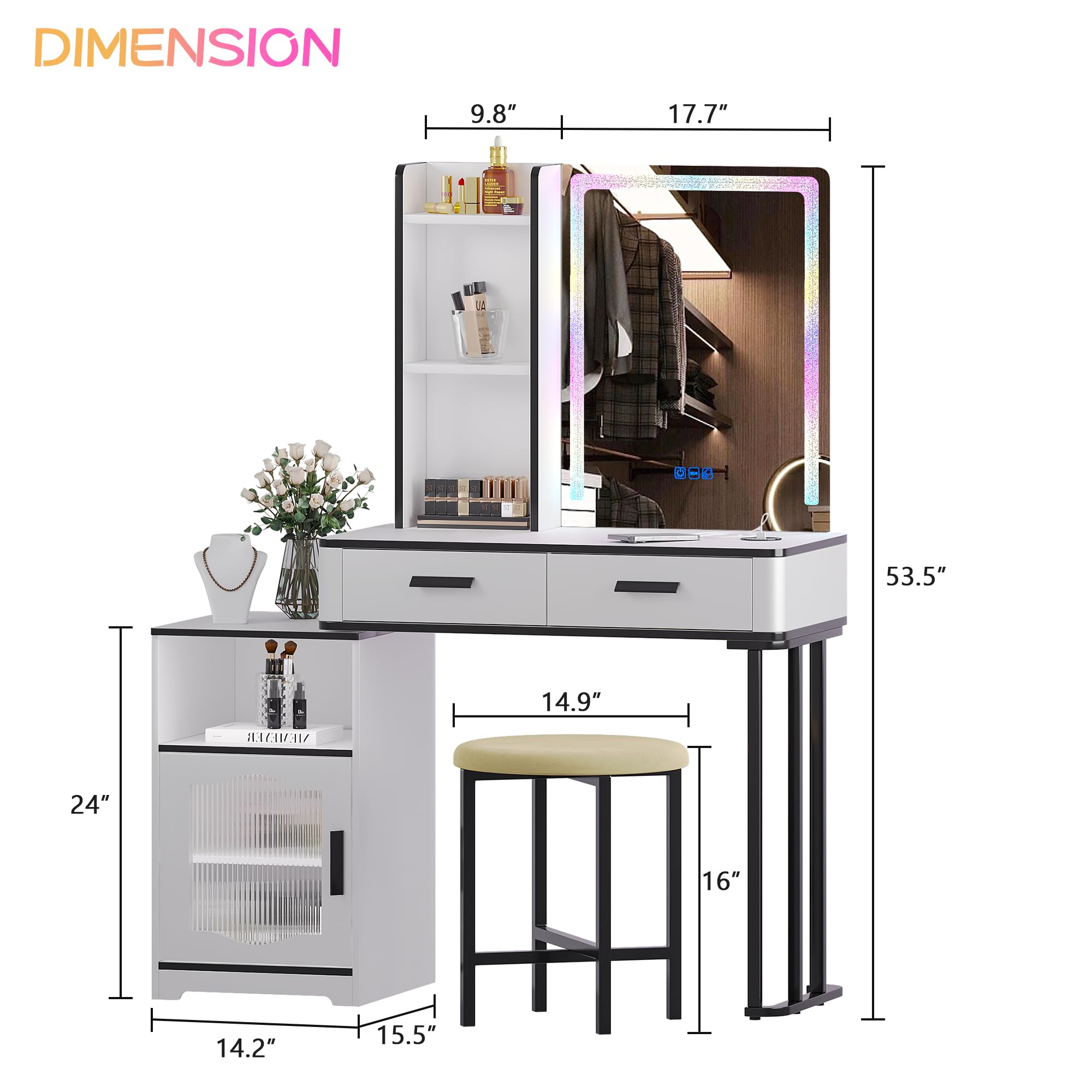 JDPAG RGB Makeup Vanity Set with Wireless Charging Station,Vanity Table with USB&Type-C Ports,7 Dynamic and 7 Static Dimmable Vanity Desk with Storage Shelf and Cushion Stool