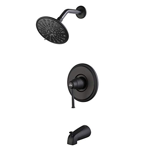 SWKB Shower Faucet with Tub Spout Matte Black Bathroom Shower Tub Faucet Set with 6-spray Shower Head System, Single Handle Shower Trim Kit with Rough-in Valve