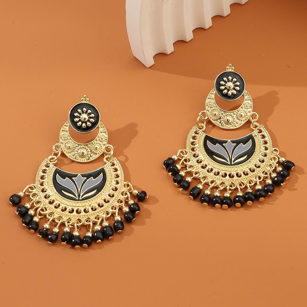 Kenjudess Vintage Turquoise Beaded Tassel Chandelier Earrings Retro Gold Ethnic Long Moon Drop Dangle Hook Earrings Exotic Indian Belly Dance Accessories for Women (Black B)