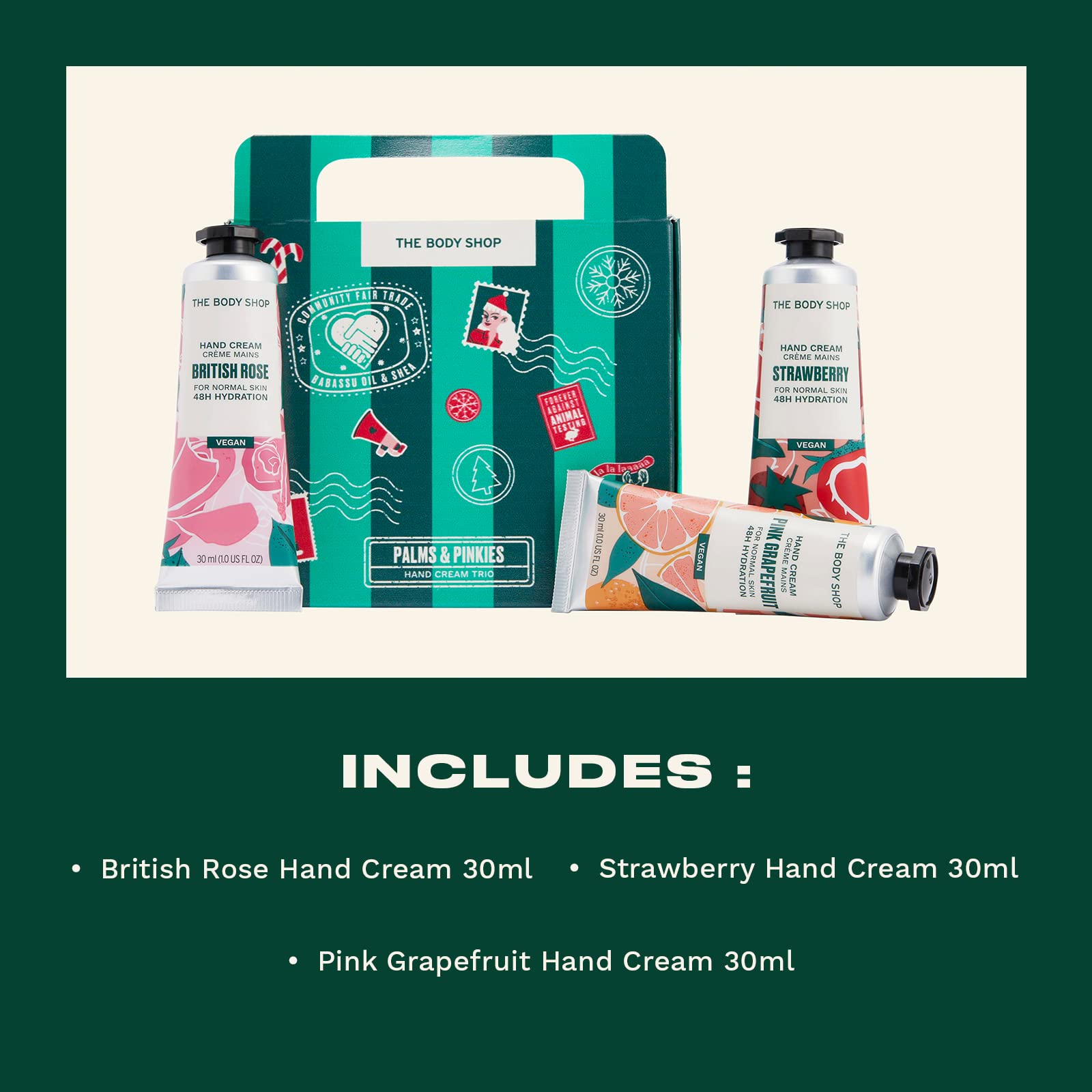 The Body Shop Palms & Pinkies Hand Cream Trio Gift Set โ Keeps Hands Soft โ British Rose, Strawberry, Pink Grapefruit โ Vegan โ 3 * 30ml