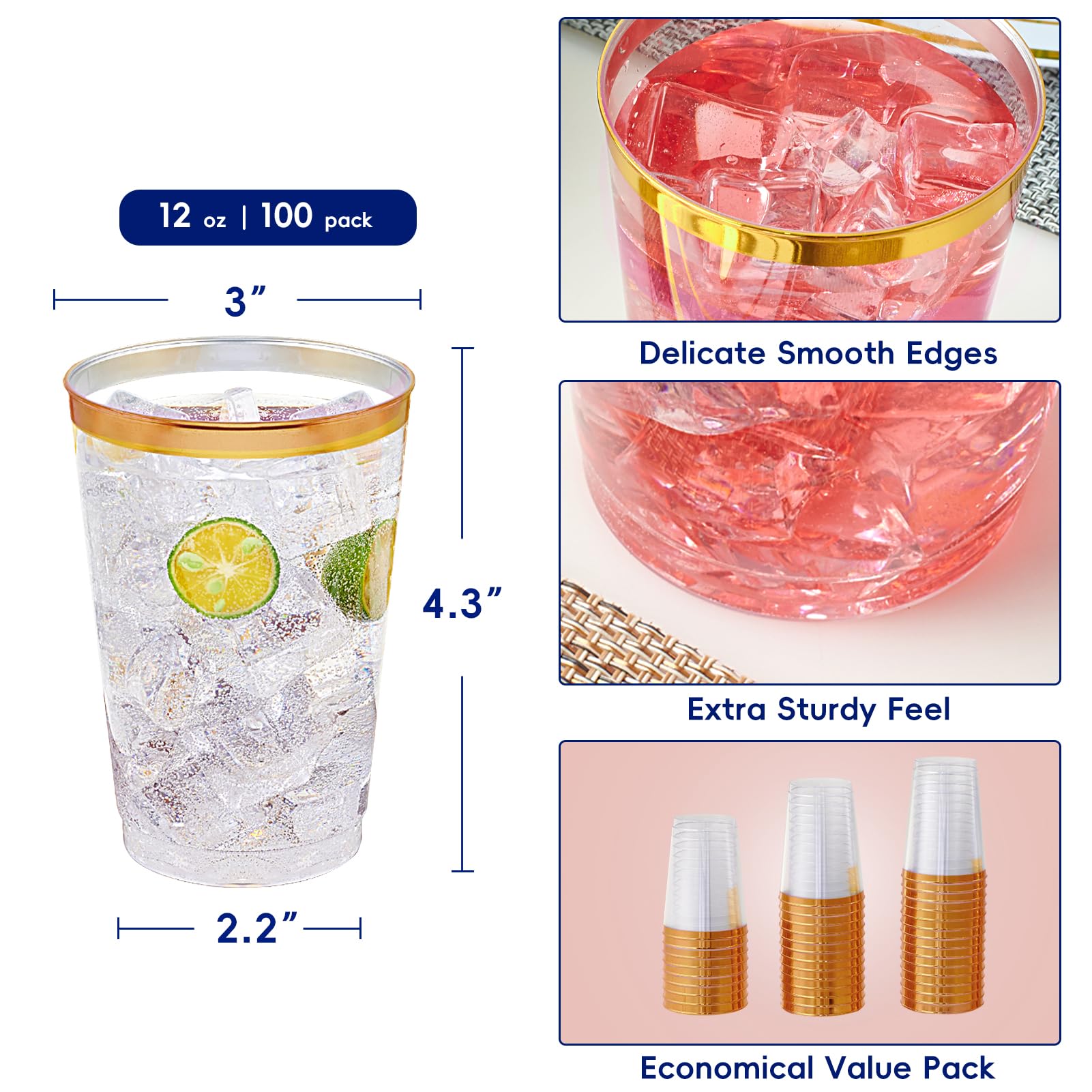 JOLLY CHEF 100 Pack Gold Plastic Cups, 12 oz Clear Plastic Cups Tumblers, Elegant Gold Rimmed Plastic Cups, Disposable Cups with Gold Rim Perfect for Wedding, Thanksgiving Day, Christmas Party Cups