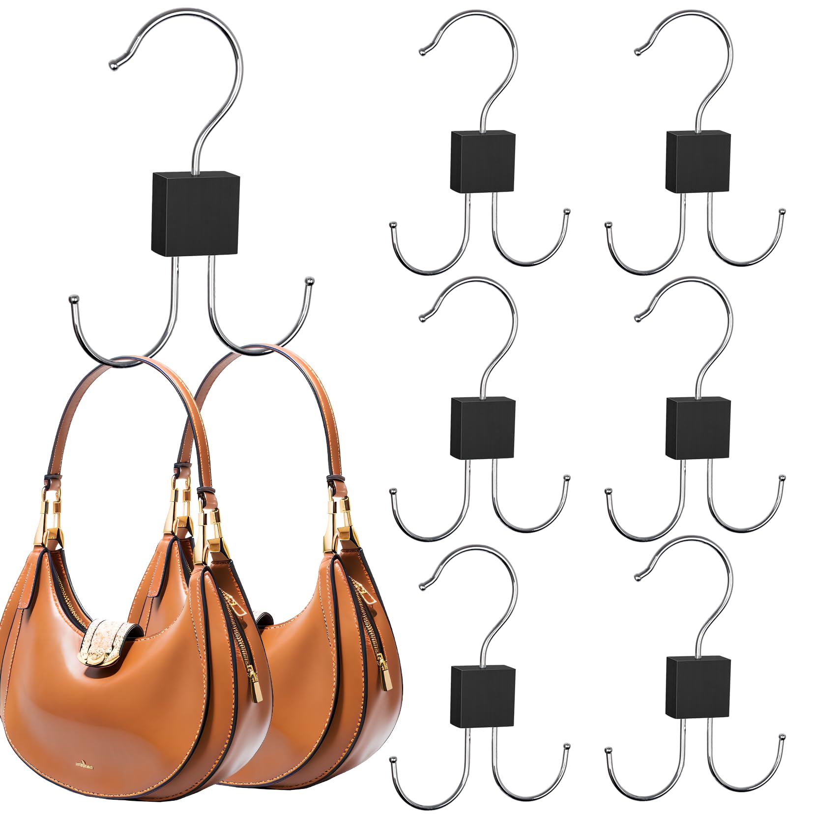 Purse Organizer for Closet, Purse Hanger 6 Pack 12 Purse Storage Hooks, 360° Rotatable Space Saving Closet Organizers and Storage for Purse, Handbag, Bag, Jeans, Belt, Scarf