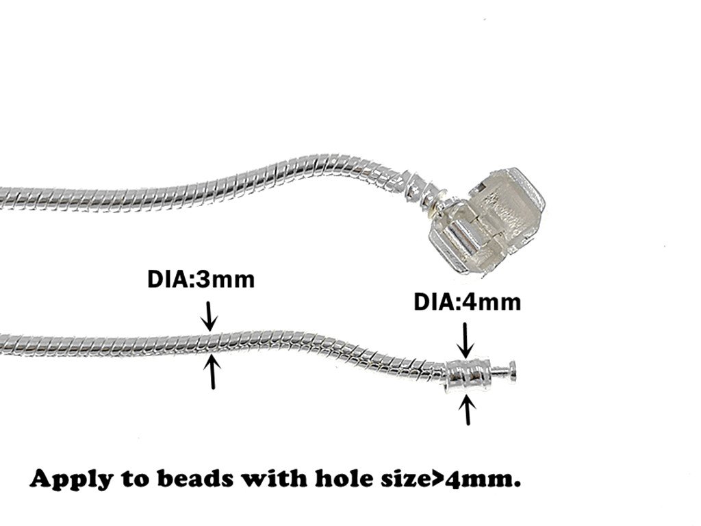 Kinteshun Snake Bracelet Chain,Silver Plating European Bead Charm Wristlet Bracelet Chain with Snap Barrel Clasp(2pcs,3mm&6.7 inches)