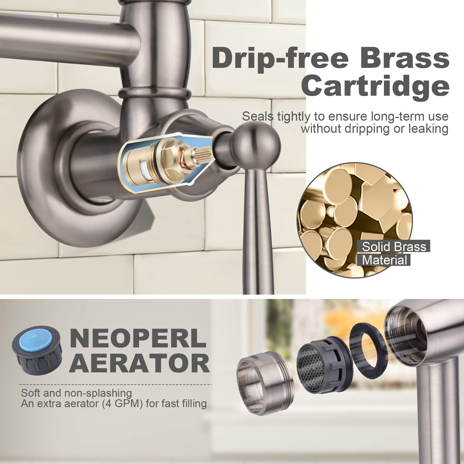 Pot Filler Faucet Brushed Nickel, ARCORA Modern Pot Filler Wall Mount Kitchen Folding Faucet 2 Handle with Double Joint Swing Arms Brass Stove Faucet