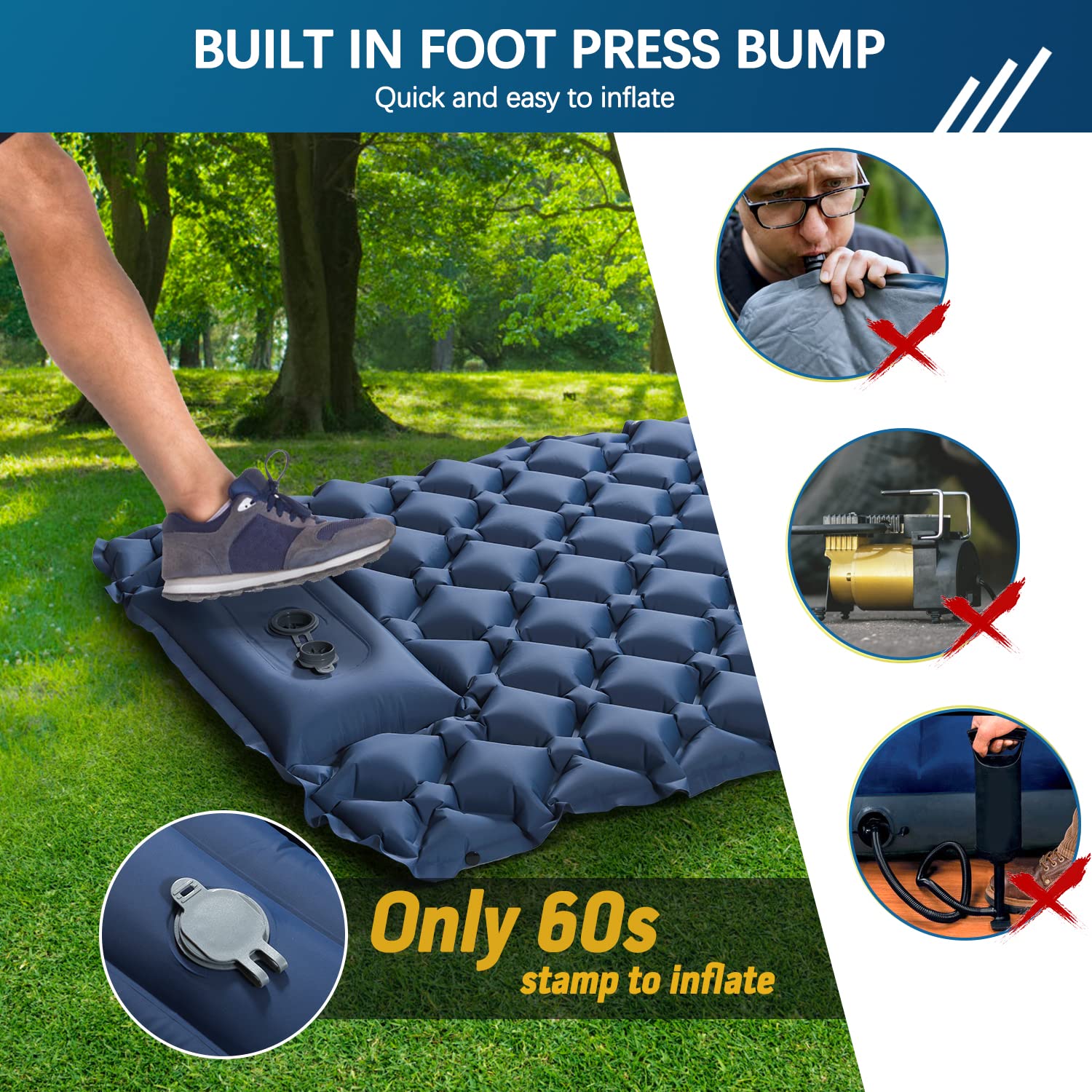 RealPero Inflatable Sleeping Pad - Ultralight Extra Wide Sleeping Mat with Pillow Foot Pump Waterproof Outdoor Portable Thick Air Mattress for Camping, Backpacking, Traveling, Hiking ,Tent ,Navy Blue