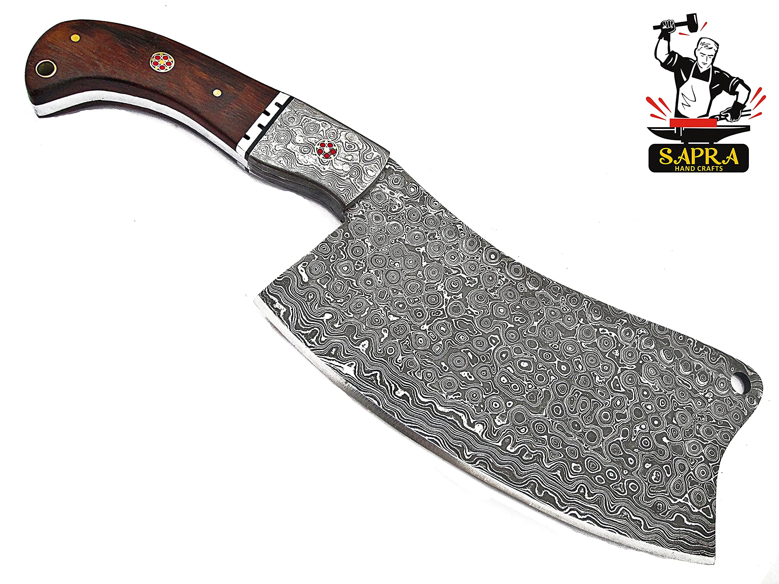 Sapra Damascus steel 10.75β Inches Meat Cleaver Chef Butcher Vegetable frozen Boning Cleaver Knife Heavy Duty Sharp Edge Full Tang Meat Cleaver Bone Copper with Genuine Leather Sheath