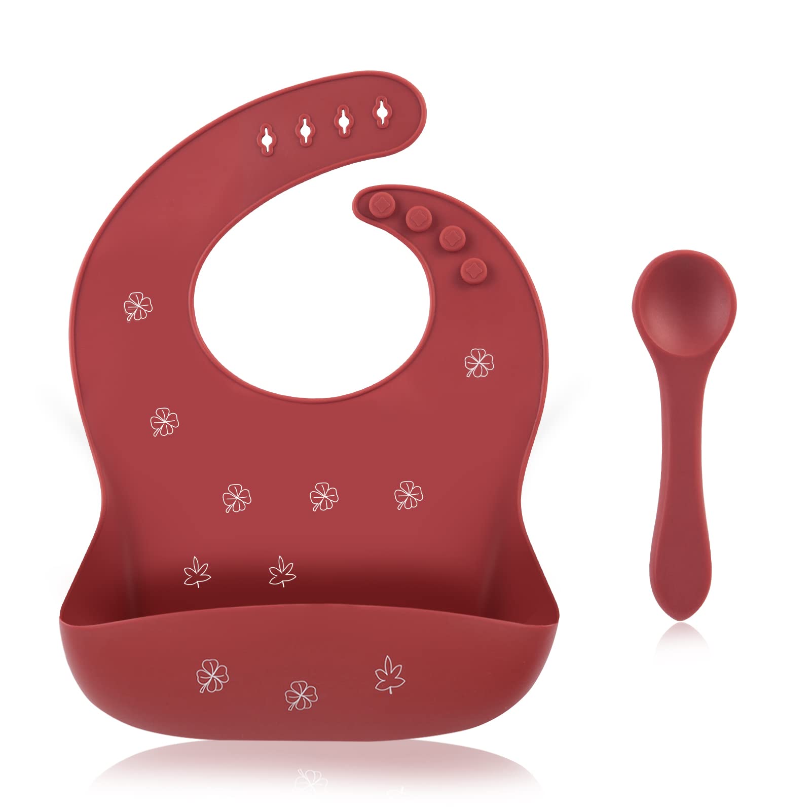 Silicone Baby Bib - Waterproof Bib with Spoon- Stay Open Pocket Feeding Bib for Toddlers- Lightweight Comfortable Adjustable Snaps Food Grade Bib - Easily Wipe Clean (Red)