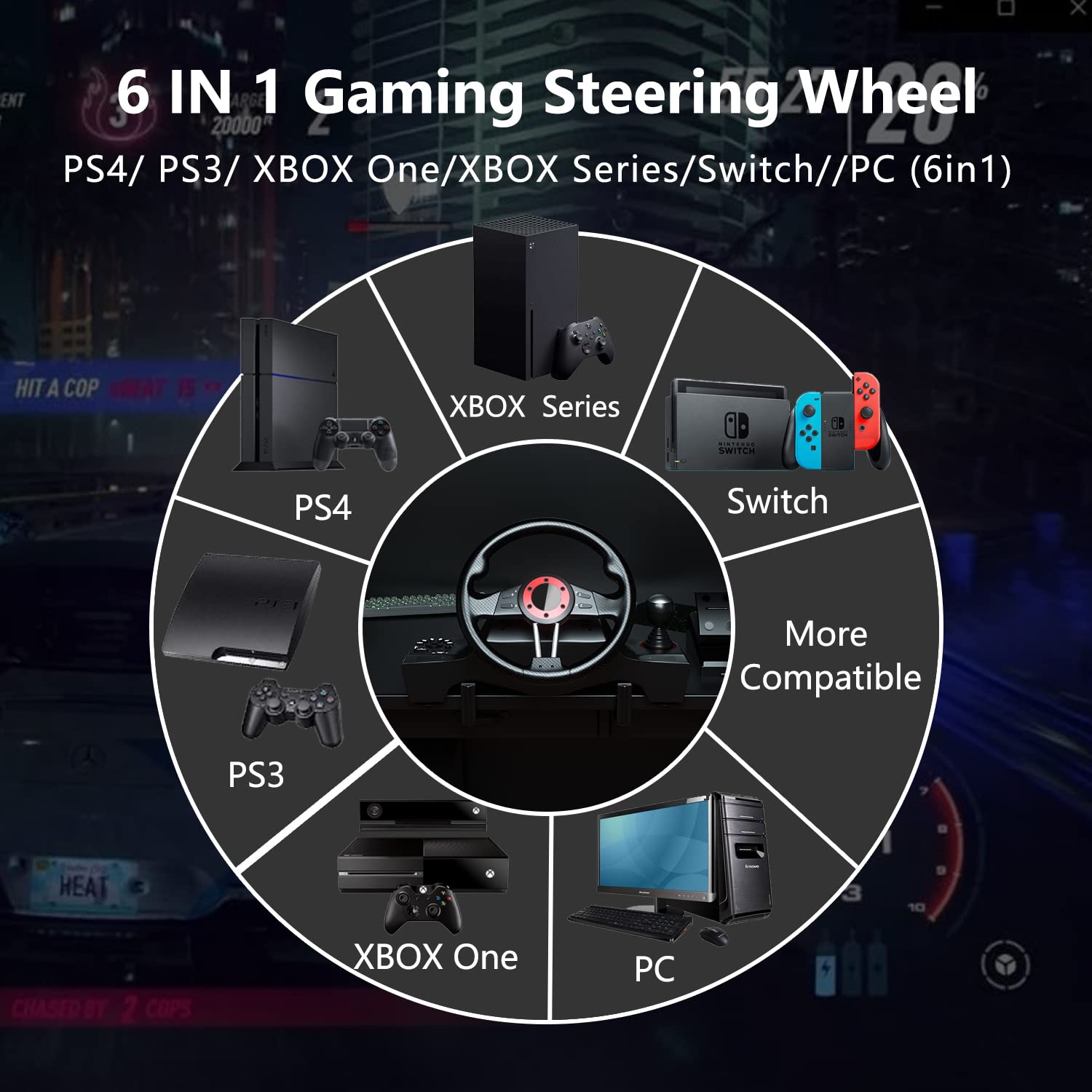 Racing Steering Wheel with Floor Pedals/Shifter and Vibration Leather Steering Wheel Cover for PS4/ PS3/ XBOX One/XBOX Series X|S/Switch/PC Racing Steering Wheel
