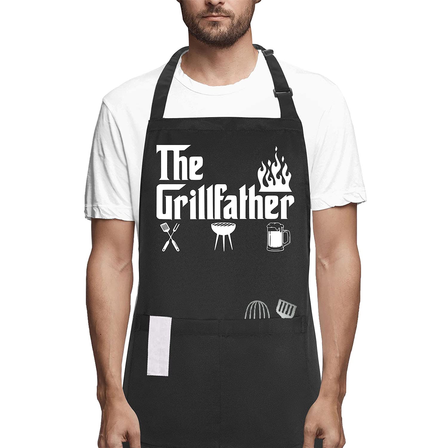 POTALKFREE Funny Grilling Aprons for Men with Pockets, The Grillfather Waterproof Kitchen Cooking BBQ Apron for Dad Man Husband, Grill Gifts for Birthday Christmas Thanksgiving