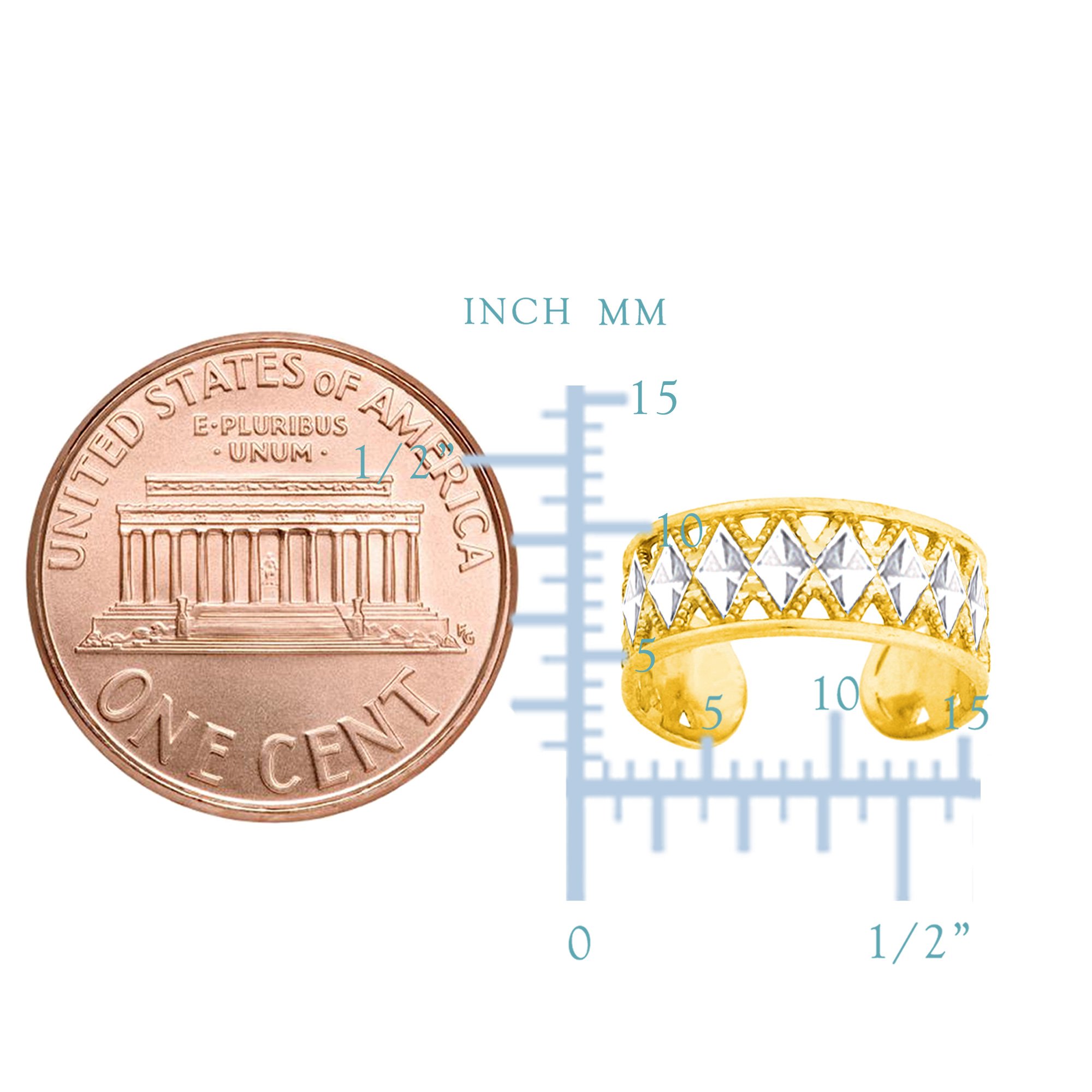 Jewelry Affairs 14K White And Yellow Gold Diamond Cut And Millgrain Design Adjustable Toe Ring 6mm