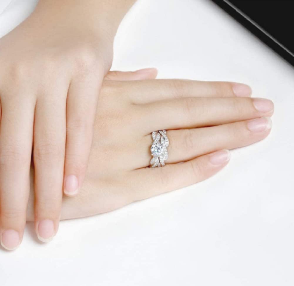 LRGKMCWTOB 2-in-1 Womens 925 Solid Sterling Silver Matching Bridal Set Wedding Engagement Rings Clear Round Cubic Zirconia Engagement Promise Bridal Silver Band Fashion Cute (US 7)