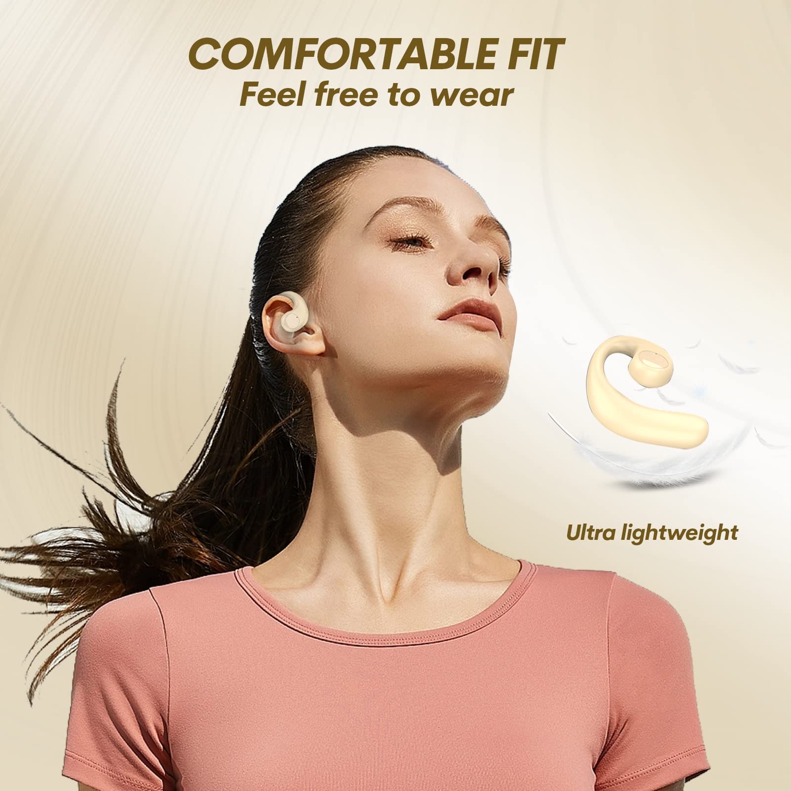 Xmenha,Wrap Around Over Open Ear Earbuds Bone Conduction Open Ear Headphones Running Sport Workout Wireless Earbuds with Earhooks Mic Gym Sports Ear Buds Running Workout Bluetooth Earbud,Beige