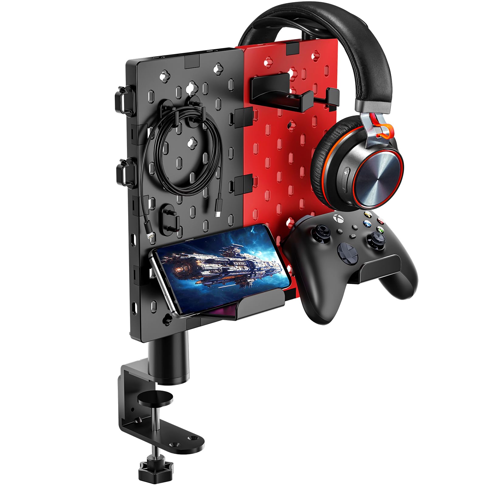 PUTORSEN Headphone and Controller Holder for Desk, Rotatable DIY Modular Headphones Holder & Controller Stand with Cable Hooks, Clamped above/under Desk for Xbox PS5 PS4 Nintendo Switch Controller