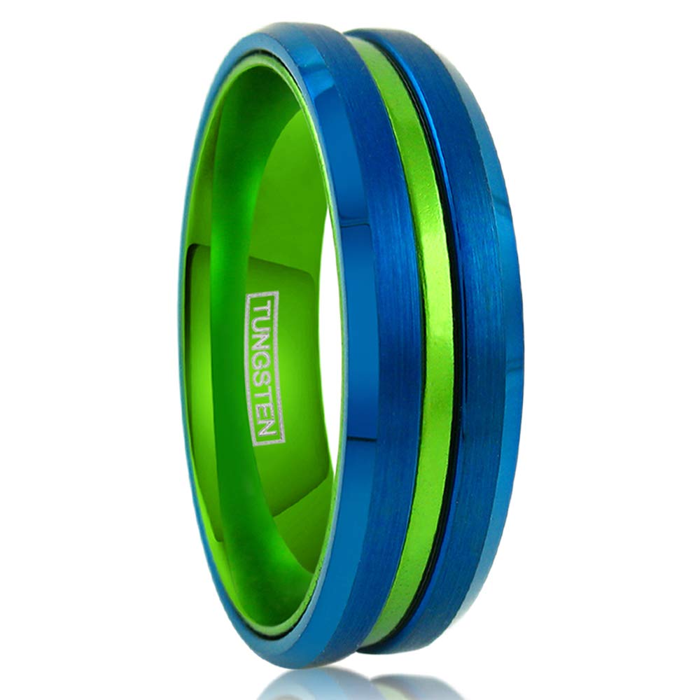 King's Cross Unique 6mm/8mm Royal Blue Tungsten Ring w/Lime Green Anodized Aluminum Inner Band & Recessed Stripe (Tungsten (6mm), 6)