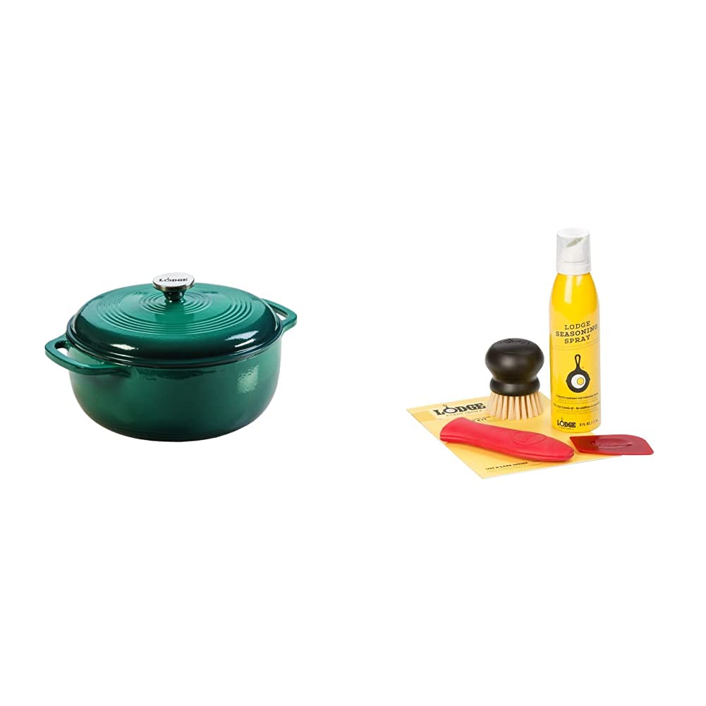 Lodge 6 Quart Enameled Cast Iron Dutch Oven with Lid + Lodge Seasoned Cast Iron Care Kit