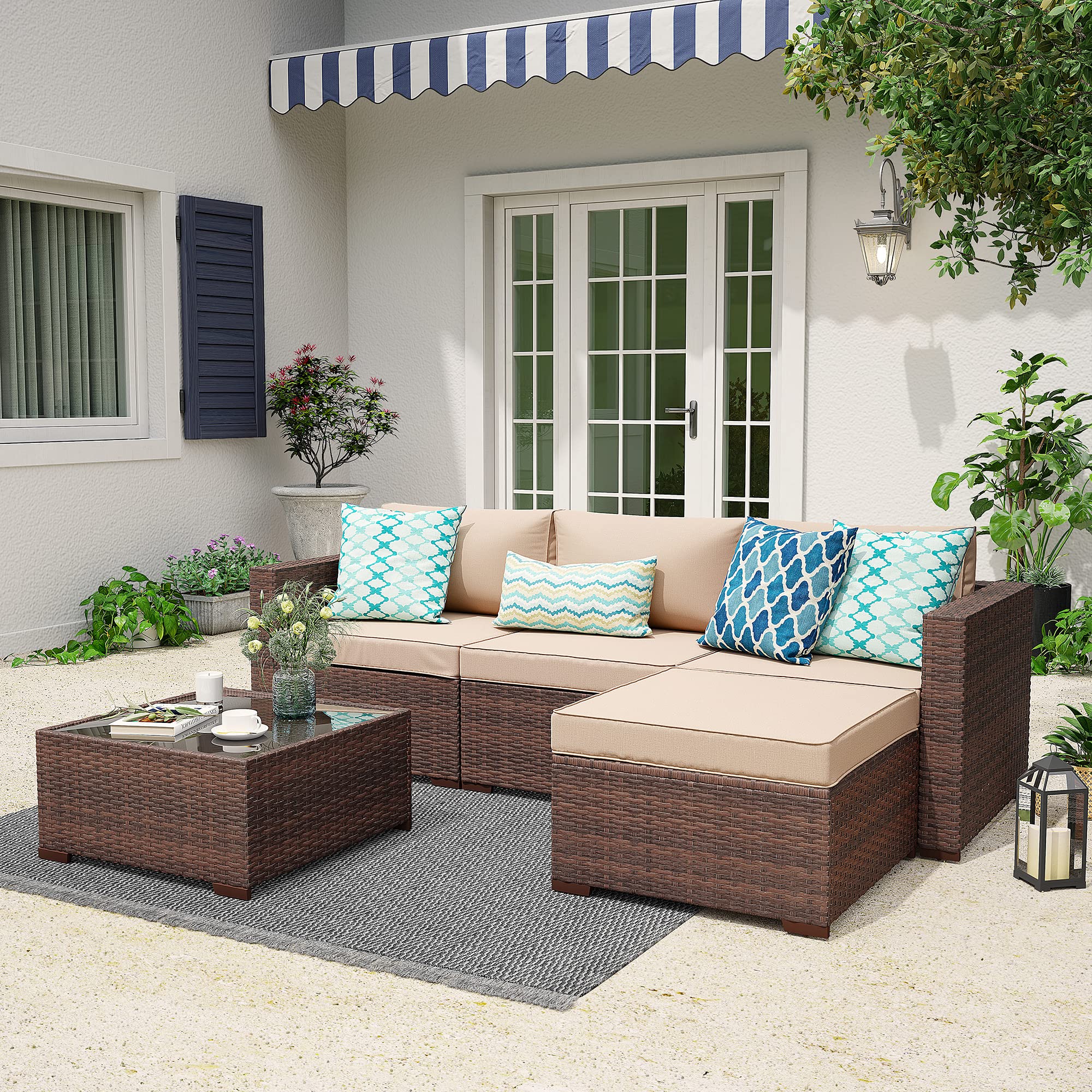 Super Patio Outdoor Patio Furniture Set, 5pc PE Wicker Rattan Sectional Furniture Set with Cushions and Coffee Table, Brown