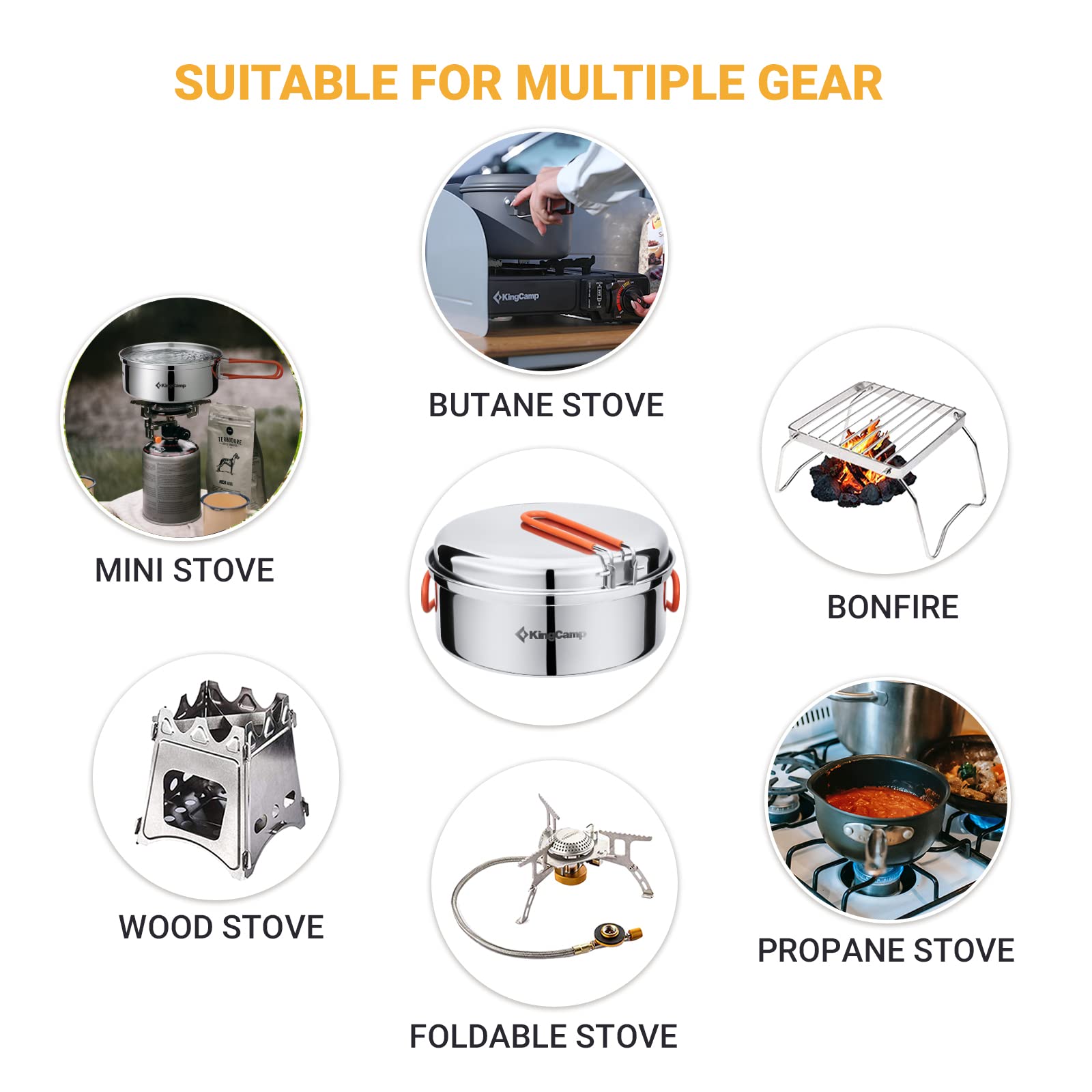 KingCamp 17/25pcs Stainless Steel Camping Cookware Mess Kit Camping Cooking Set Backpacking Gear Lightweight Pots and Pans Set with Folding Knife Fork for Camping Hiking Picnic