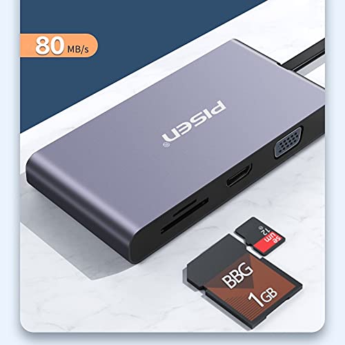 SOEN Hub Dock Adapter USB C Hub 9 in 1 Type C Adapter with Hidden Cable Dock Station (HDMI/VGA/Ethernet/2 USB 3.0/USB 2.0/SD and TF Slots/PD 100W) Computer Accessories