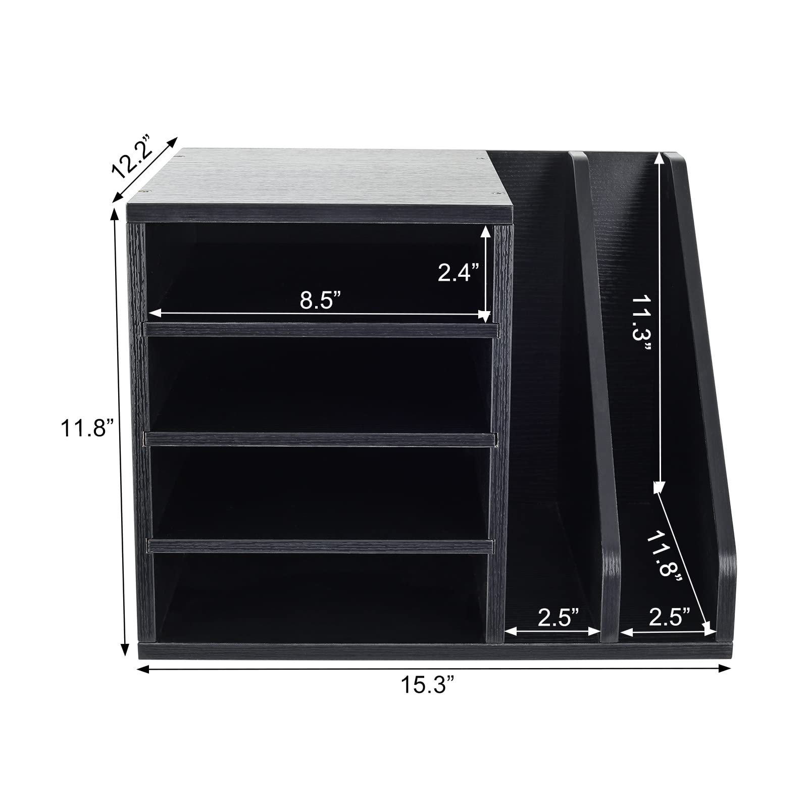 PAG Wood Desktop File Holder Organizer Mail Sorter for File Folders, Mails, Envelopes, Mailing Supplies or Magazines, Black