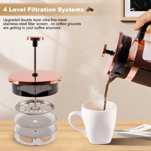 RealPero French Press Coffee Tea Maker, Upgrade Heat Cold Resistant Thickened Glass with 4 Level Stainless Steel Filtration System Brew Coffee & Tea, BPA Free, Large 1000ml 34oz,Rose Gold
