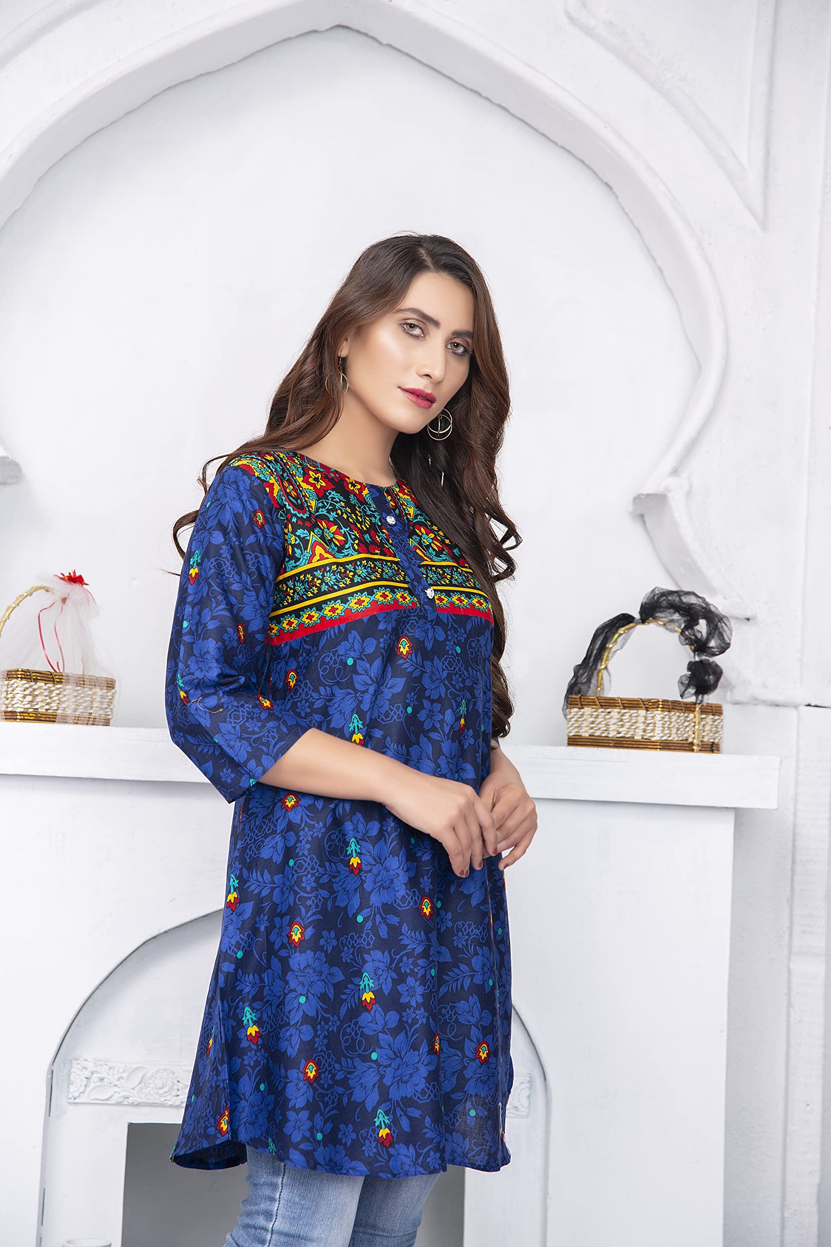 IshDeena Pakistani Kurtis for women Indian Style Cotton Tunics Womens Tops Printed Lawn (Small, Midnight Blue)