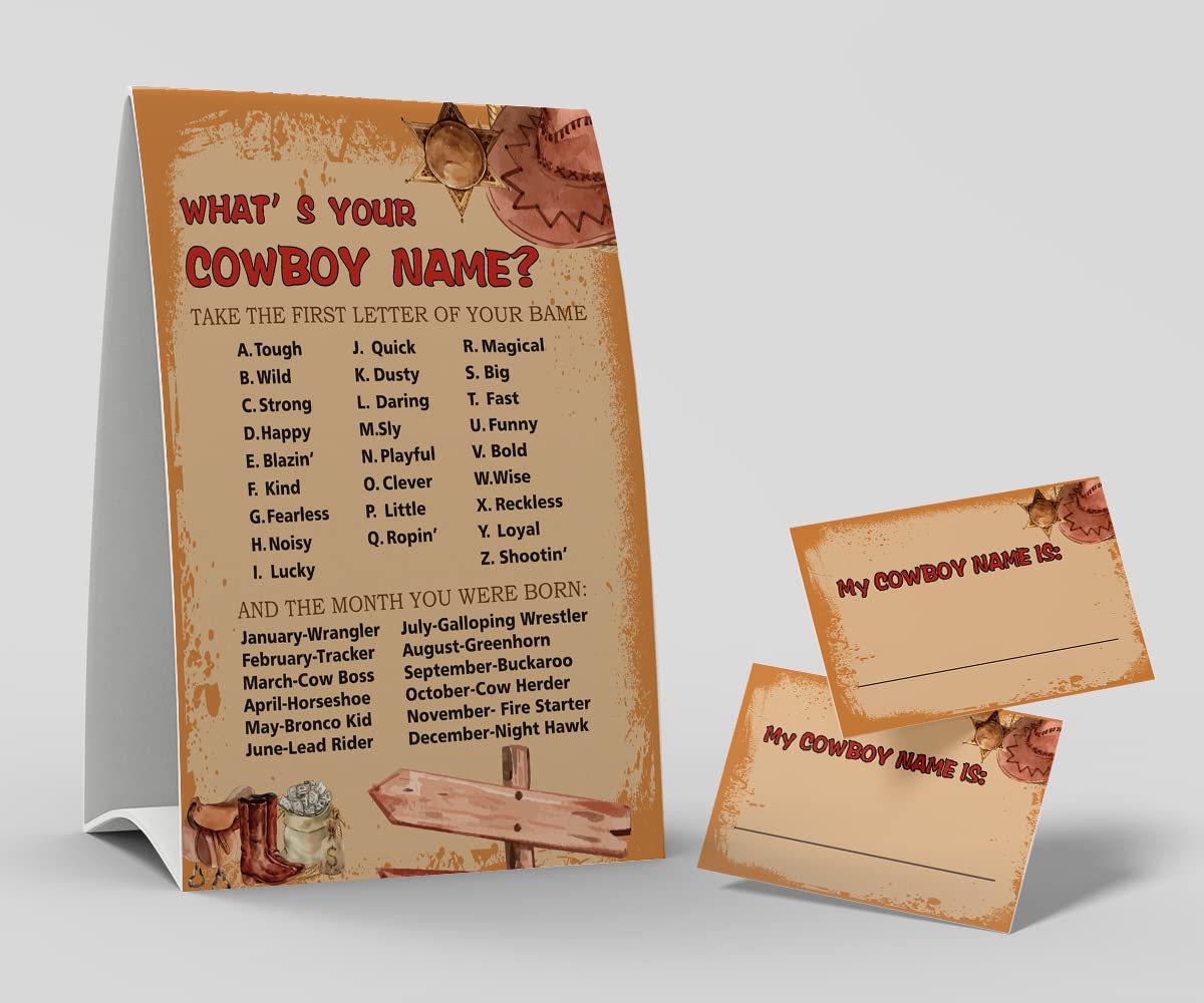 shupai What's Your Cowboy Name Game, 1 Cowboy Theme Sign and 50 Name Tag Stickers, Birthday Game for Kids and Adult Parties, Activity Game for Office or Class | F010
