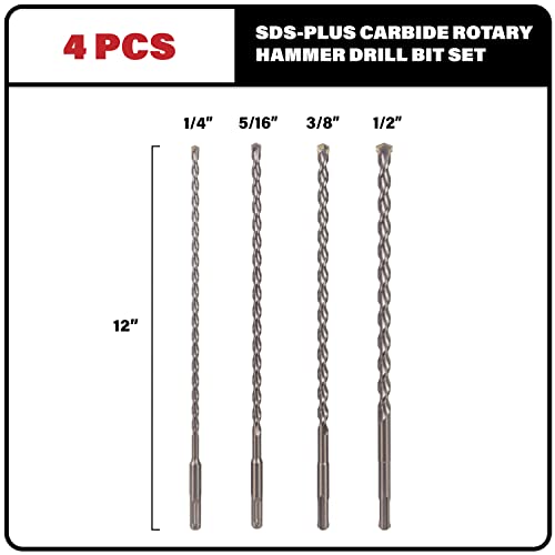 Sabre Tools 4-Piece 12in SDS Plus Drill Bit Set, Carbide Tipped, Rotary Hammer Drill Bits for Brick, Stone, Concrete (1/4" x 12", 5/16" x 12", 3/8" x 12", 1/2" x 12")