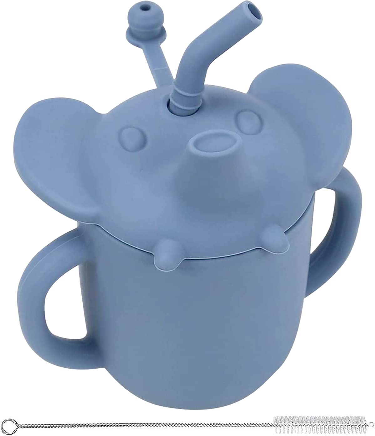 Silicone Sippy Cup for Toddler, Transition Straw Cups for baby 6 months+, 3 in 1 Elephant Training Sippy Cups for Babies with Cleaning Brush, Two Handles, Microwave Safe and Dishwasher, BPA Free, 7oz