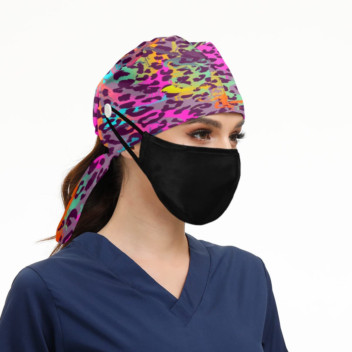 Rosy Watercolor Leopard Print Working Caps with Upgrade Sweatband Adjustable Bouffant Hats Working Cap with Button Unisex Head Cover