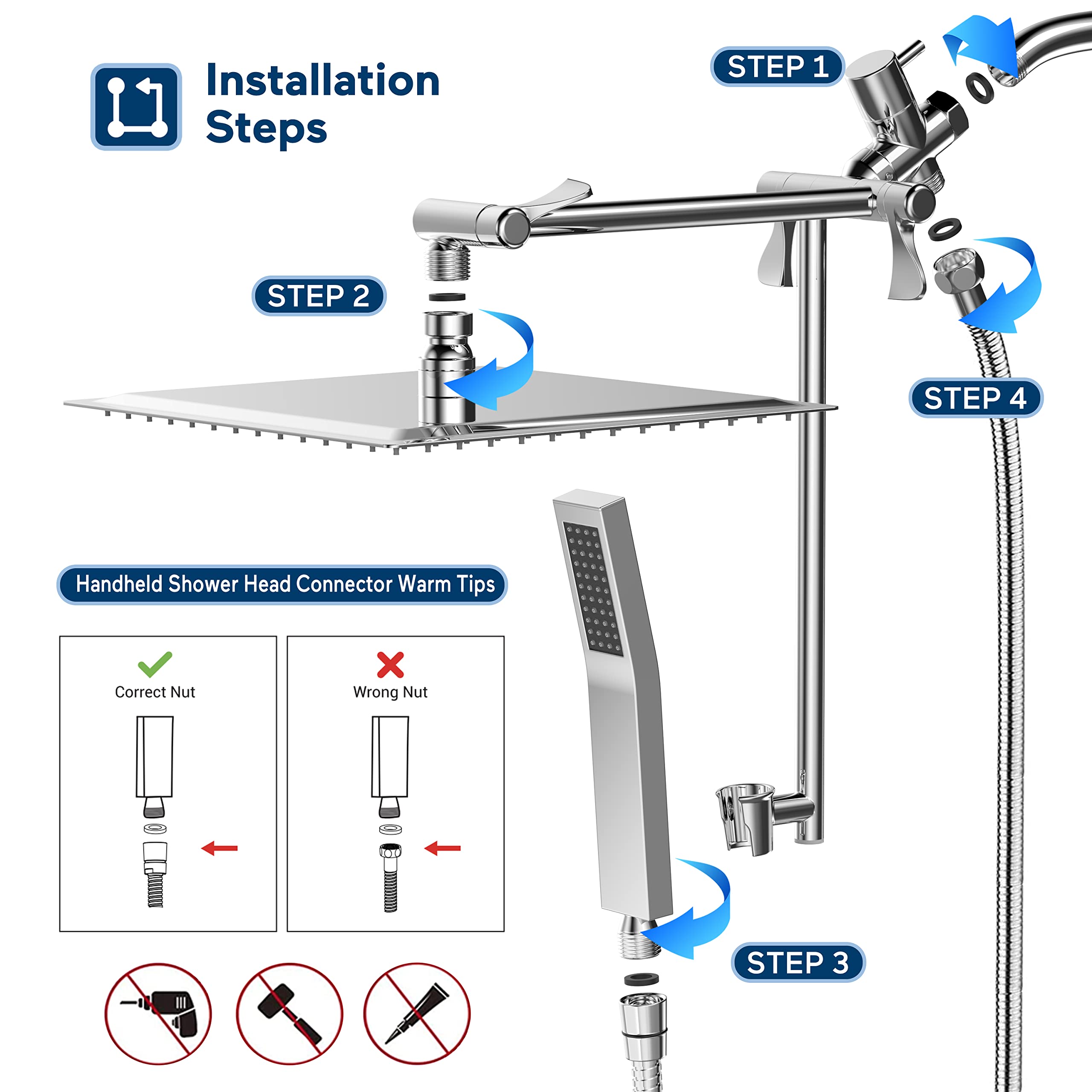 Shower Head with Handheld, MUFECO 8'' All Metal Rain Shower Head High Pressure Dual Square Shower Head Combo with Adjustable Extension Arm and 3 Spray Settings Anti-leak with Holder/Hose