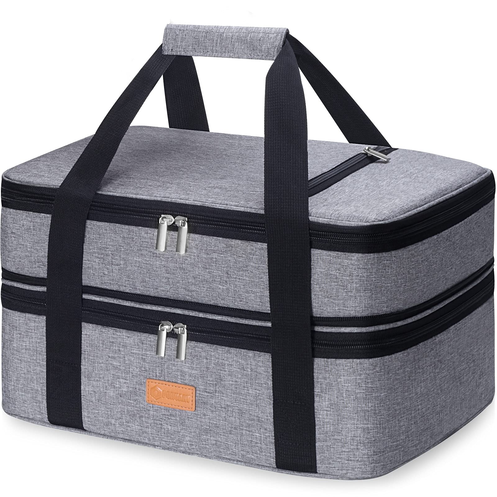 Poruary Double Casserole Carrier for Hot or Cold Food,Expandable Insulated Bag,Perfect Lasagna Holder Tote for Potlucks, Picnics,Beaches,Traveling or Gifts,Fits 9“x13” Baking Dish,Gray