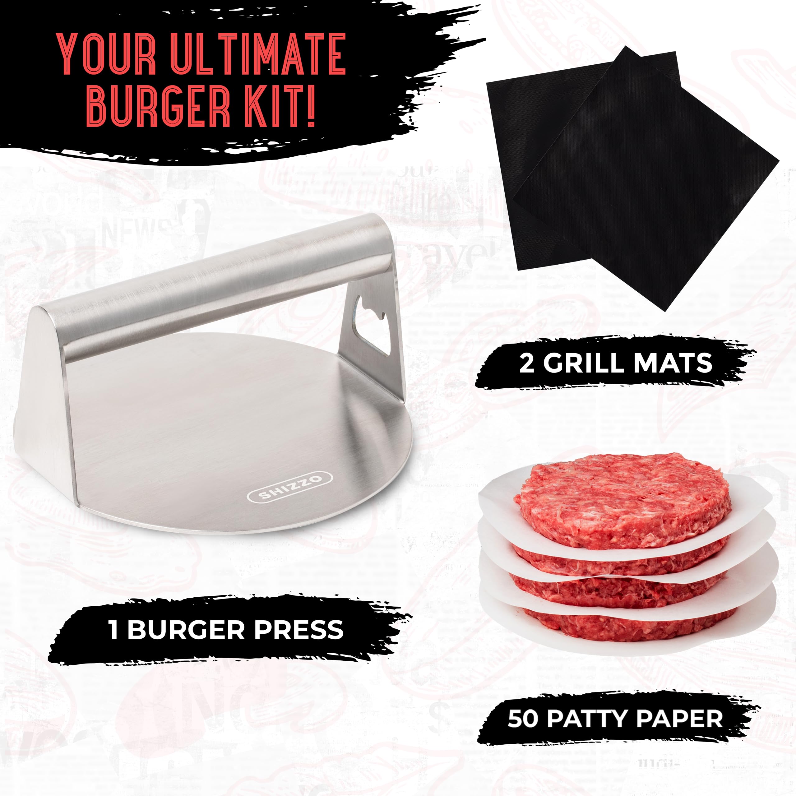 SHIZZO Smash Burger Press Kit, 6.2'' with Bottle Opener, Stainless Steel Bacon Smasher, Griddle Accessories, Perfect for Smash Burgers, Griddle Cooking Tool, for Patty, Bacon, Hamburger, Smashburger