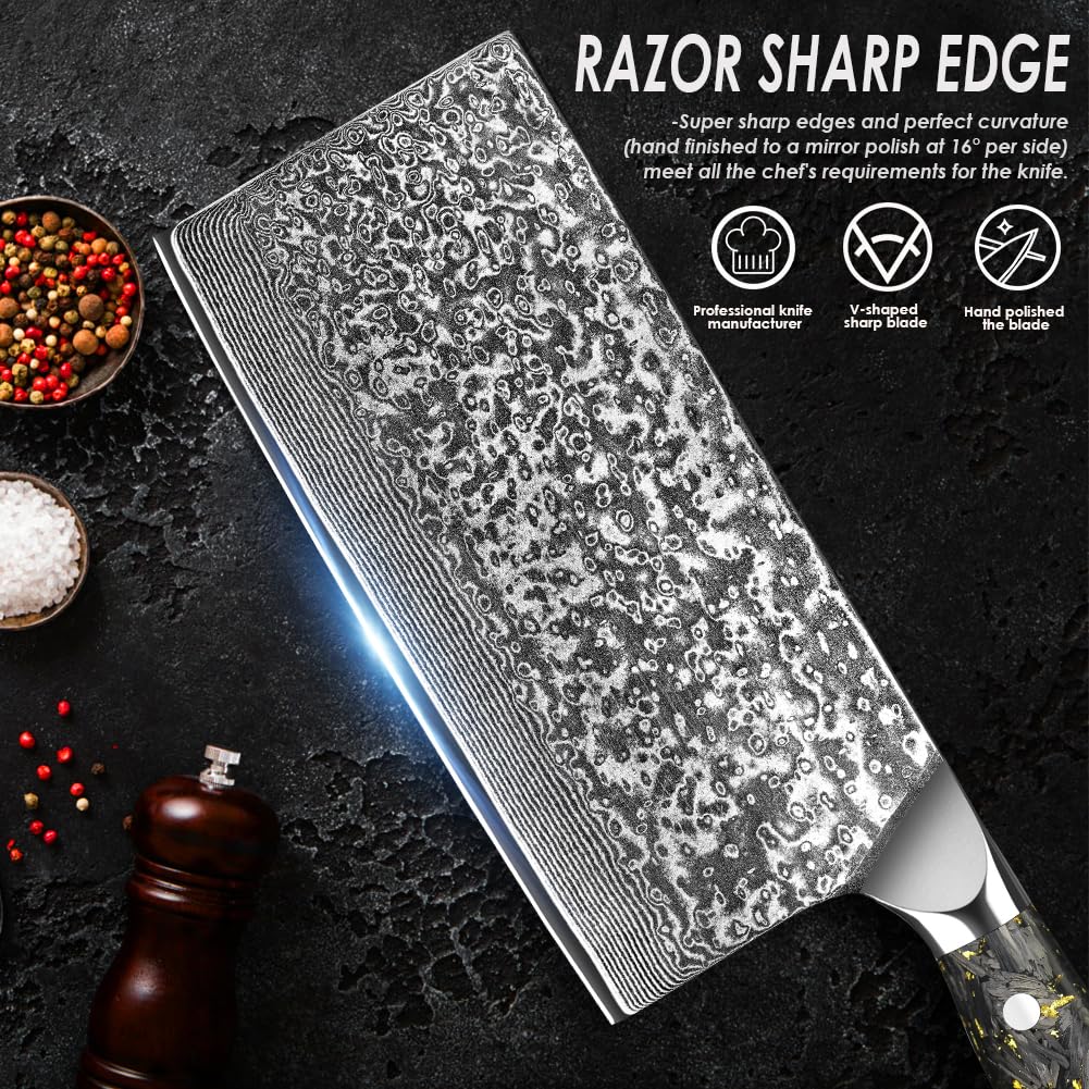 KEENZO Damascus Meat cleaver knife 7 inch, Professional kitchen knife, sharp Chinese chef knife. Hand forged high-carbon stainless steel butcher knife. Ergonomic Full-Tang handle with gift box 