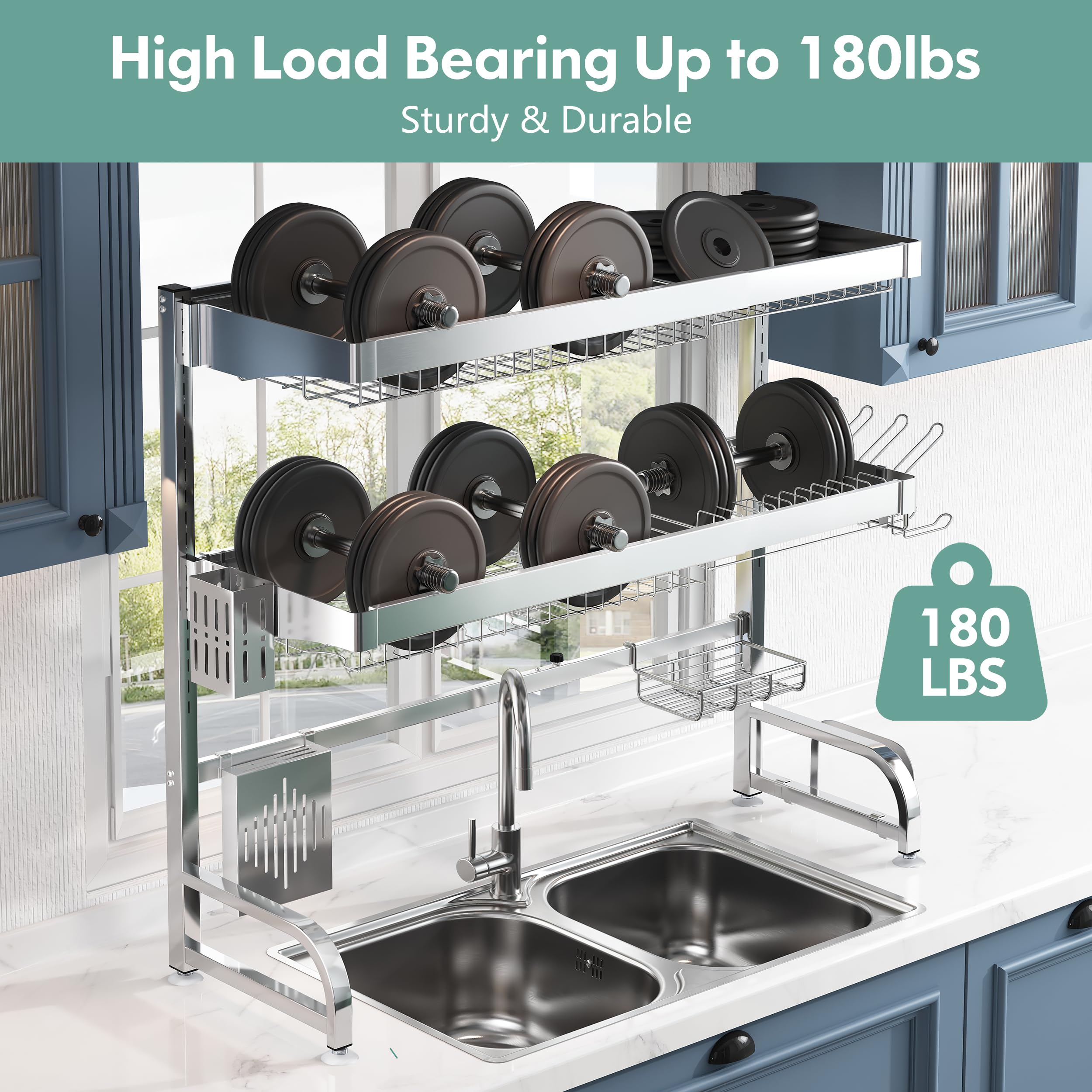 Over Sink Dish Drainer Drying Rack,MAJALiS 3-Tier 304 Stainless Steel Large Dish Racks for Kitchen Counter,Above Sink Organizer,(Sliver, 25.5"-35.5")