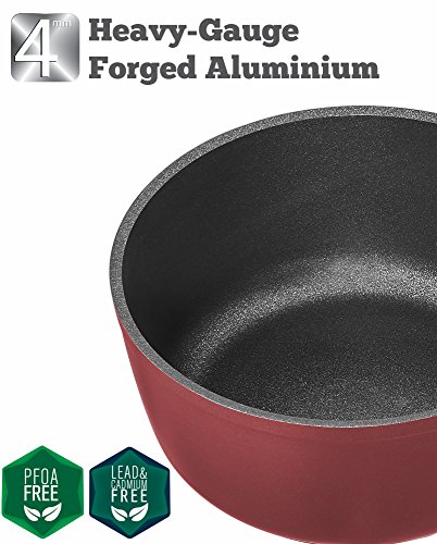 Saflon Titanium Nonstick 3-Quart Sauce Pan with Tempered Glass Lid, 4mm Forged Aluminum with PFOA Free Coating from England (Red)