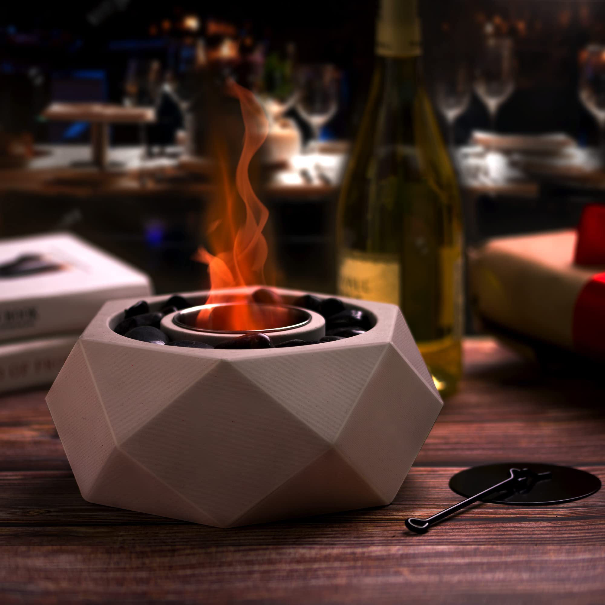Tabletop Fire Bowl - Extra Large Concrete Table Top Fire Pit Indoor Outdoor Portable Fireplace Geometric Centrepiece, Gray, 9.45 inches