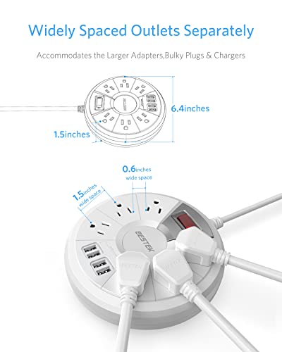 Travel Power Strip, BESTEK 6Ft Extension Cord with 4 USB Ports and 6-Outlet (13A 125V), Surge Protector Power Strip for Dorm Room, Bedside, Cruise Ship, 220J, White