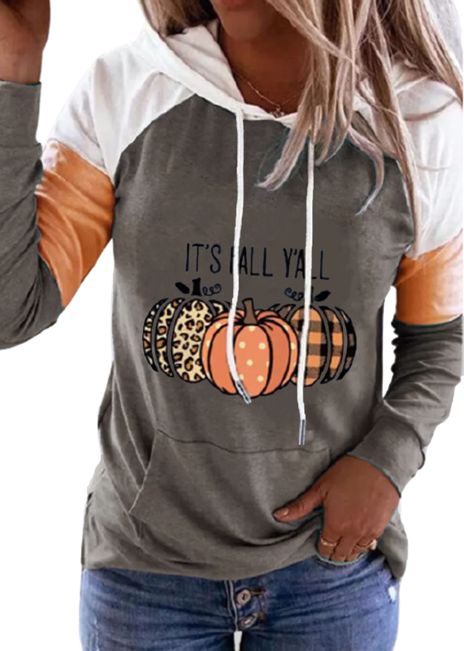 MHTOR Leopard Plaid Pumpkin Kangaroo Pocket Hoodie Women Plaid Pumpkin Thanksgiving T-Shirt Color Block Fall Tshirts (Khaki, Large)