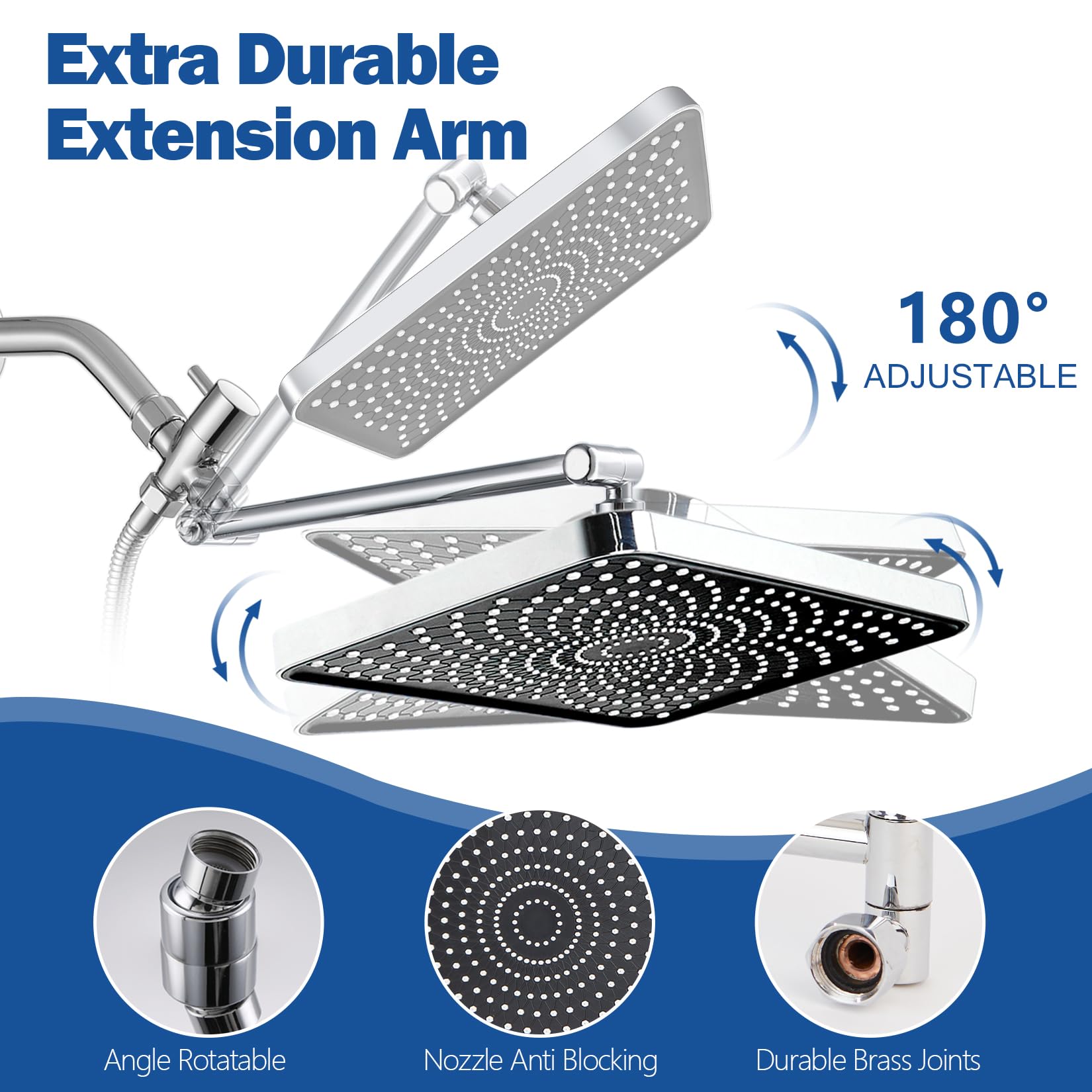 Shower Head,14”Rain Shower Head with Handheld Spray Combo with ON/OFF Pause Switch and 11'' Angle Adjustable Extension Arm/Flow Regulator,High Pressure Nozzle Easy to Clean Bathtub,Chrome
