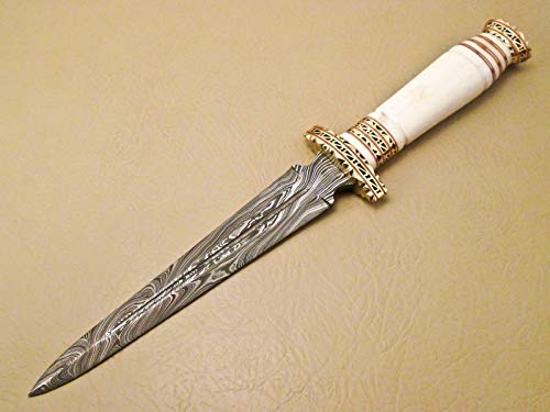 Skokie Knives Hand Made Damascus Steel Hunting Dagger Knife Handle Original Camel Bone with Perfect Grip