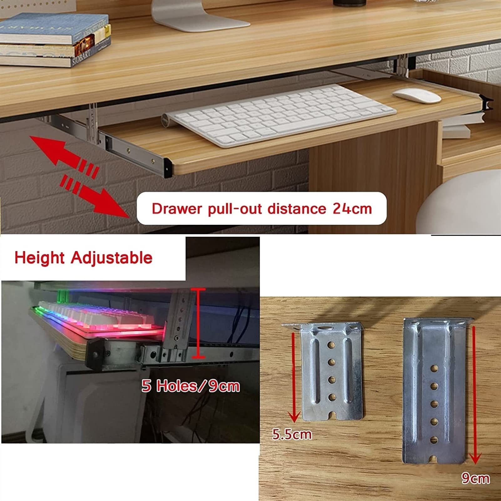 Keyboard Tray Wooden Sliding Keyboard Drawer Desk Elbow Arm Support Strong Load Capacity Computer Keyboard Arm Tray Mouse Storage Rack 54/60/70x27cm 5 Colors Easy to Assemble Push Pull Use
