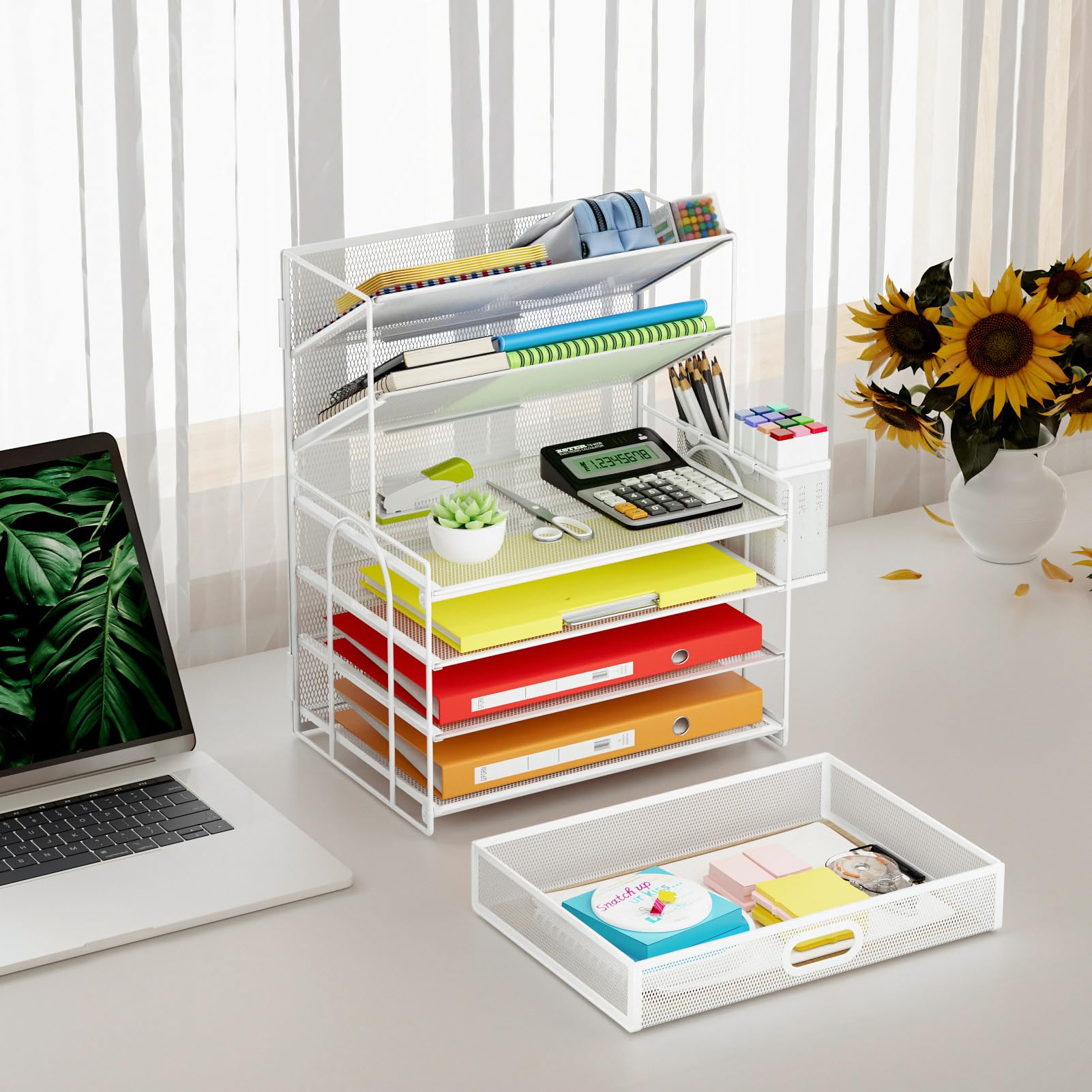 Marbrasse Desk Organizer with Drawer, 4-Tier File Organizer Paper Tray with 2 Pockets File Holder and Pen Holder, Mesh Desk Organizers and Accessories, Desktop Organizer for Home Office (White)
