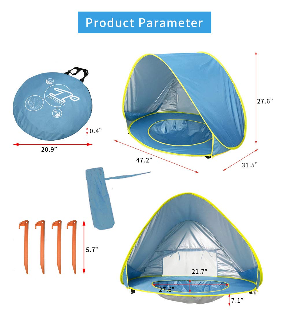 KOXUIUF Baby Beach Tent with Built-in Pool Ultralight Automatic Pop Up Tent UPF 50+ Beach Shade UV Protection Sun Shelters with Carry Bag.