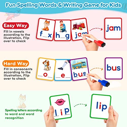 Short Vowel Spelling Flashcards, CVC Sight Words Handwriting Cards, Learn to Write Phonics Flash Cards, CVC Words for Kindergarten Learning Activities, Educational Toy Gift for Kids 3 4 5 Years Old