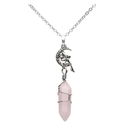 Jovivi Natural Rose Quartz Crystal Necklace Gemstone Hexagonal Healing Stone Point Chakra Pendant Necklace 24"