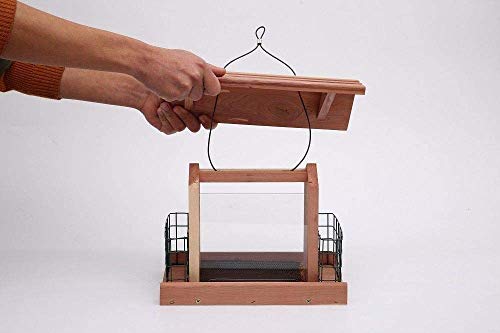 Solution4Patio Homes Garden USA Cedar Bird Feeder Wildbird Essentials Handmade Wooden Outdoor Ranch Patio Yard Tree Hanging with Double Plastic Window and Double Suet Holder Cages Combination #G-8534